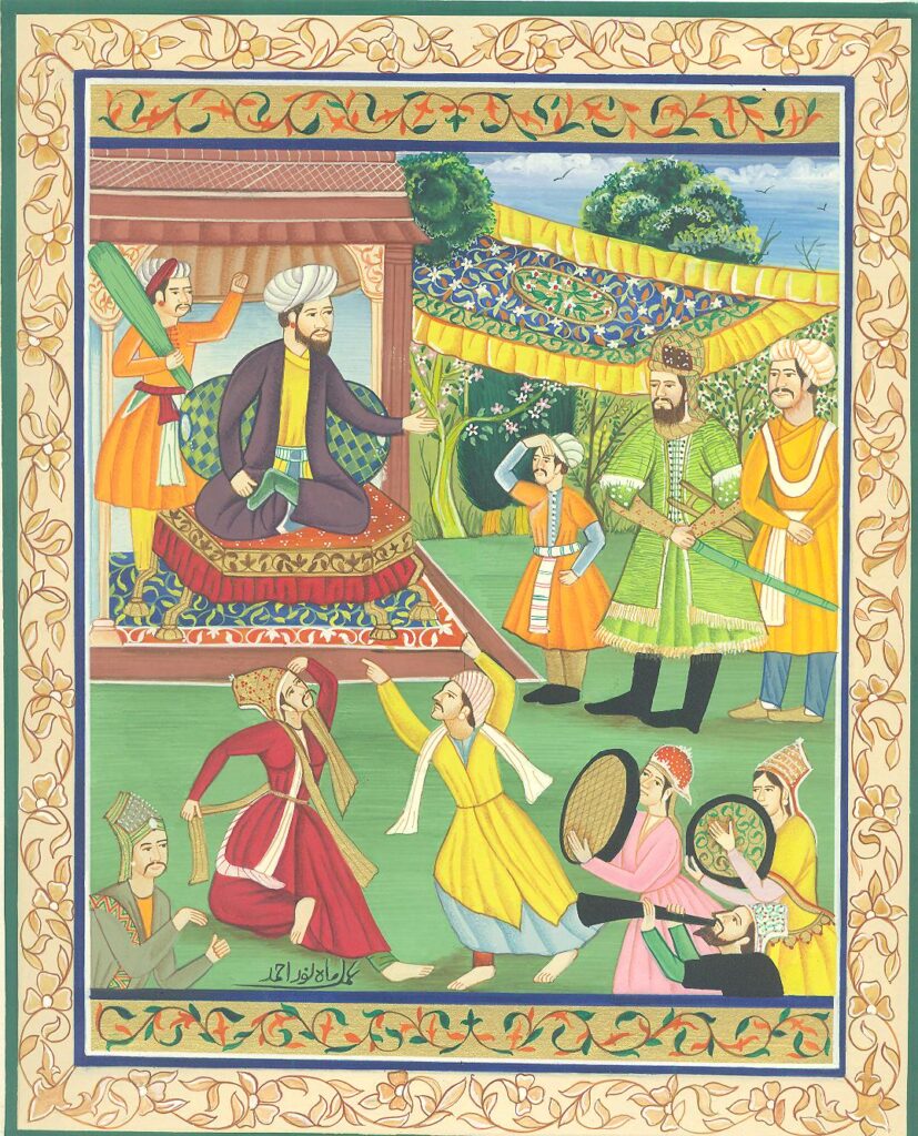 Humayun seated on throne enjoying music and dance with young Akbar ...